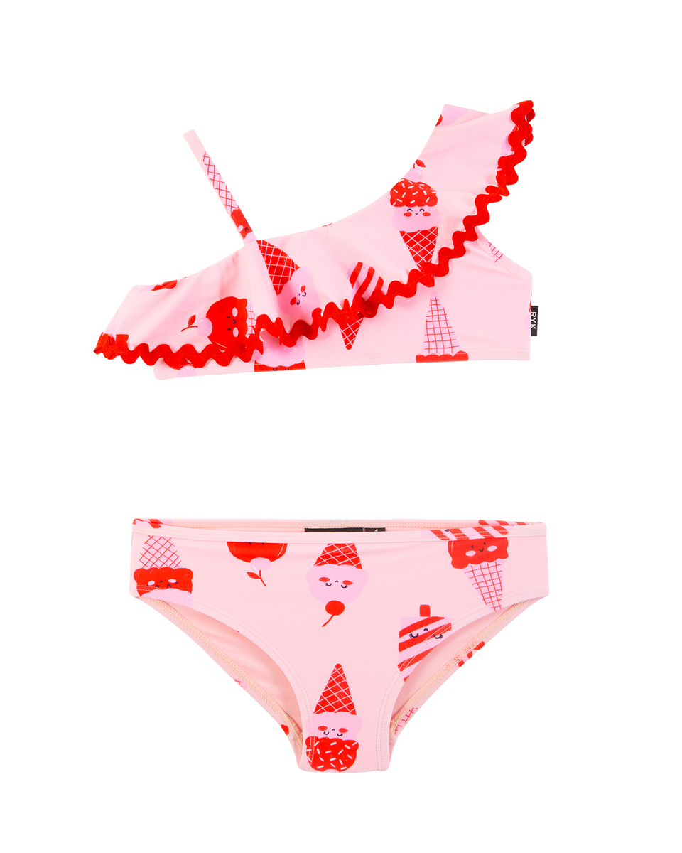 Girls Cherry Ice Cream Shelly Bikini Set – Pink Base & Cherry Red Trim