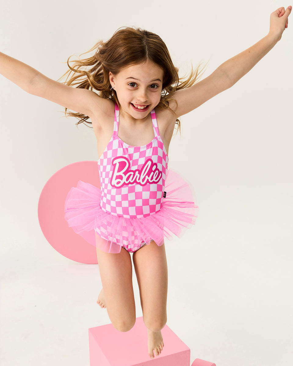 Barbie Tutu One Piece Swimsuit – Girls Pink Checkerboard Swimwear