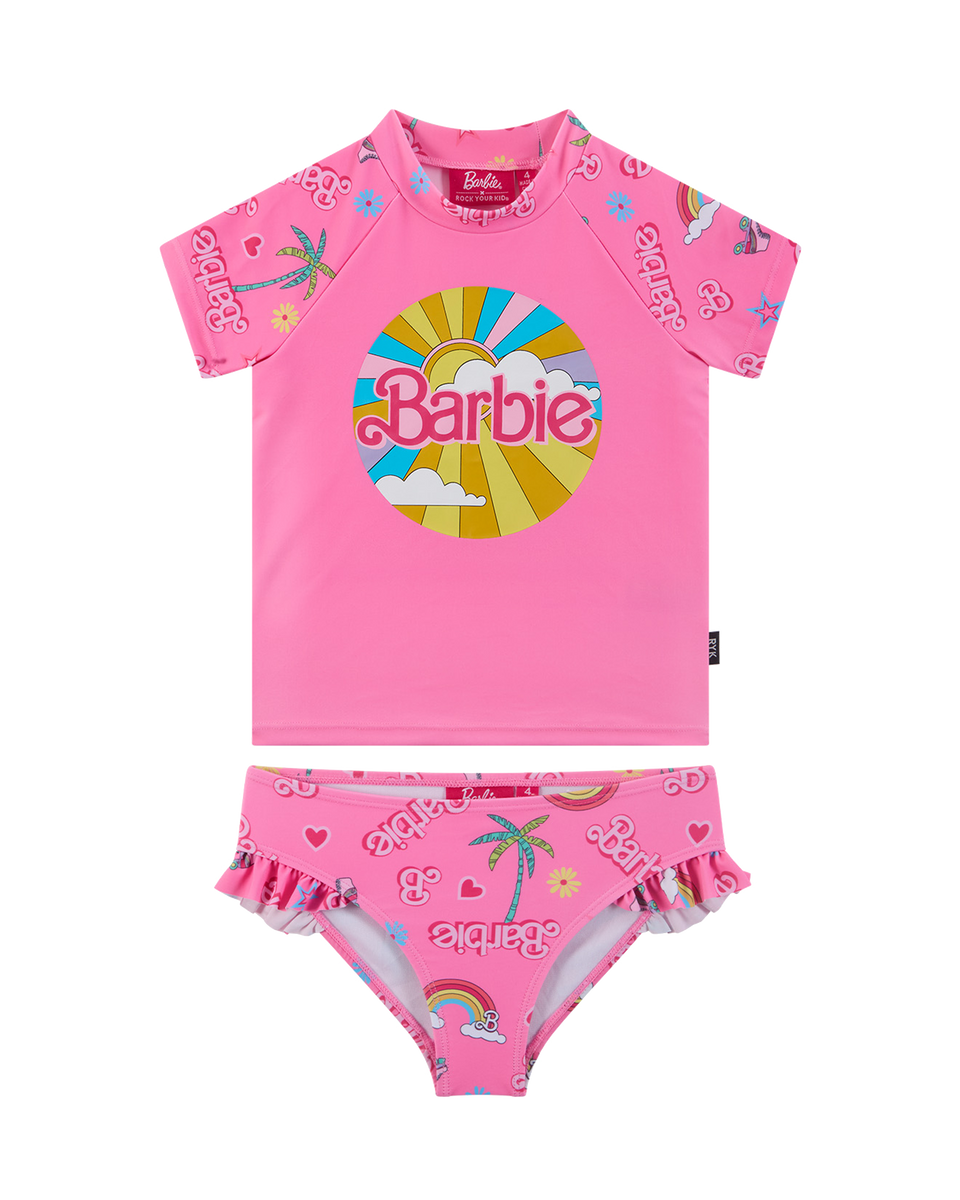 Barbie Short Sleeve Rash Swim Set – Girls Pink Logo Bikini Set
